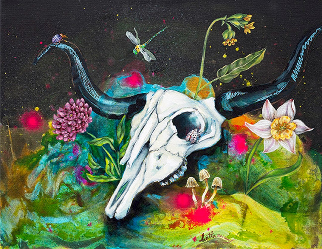 Horned Skull, Bison Skull Print, Fungi, Magic Mushroom Art, Insect Art ...