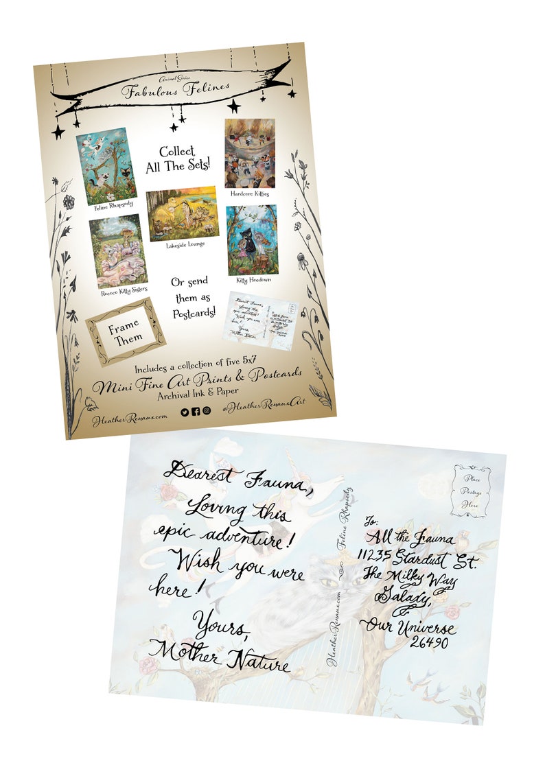 Mini Prints Set of 5, Art Postcard Gift Set, 5x7 Art Prints, Cats ...