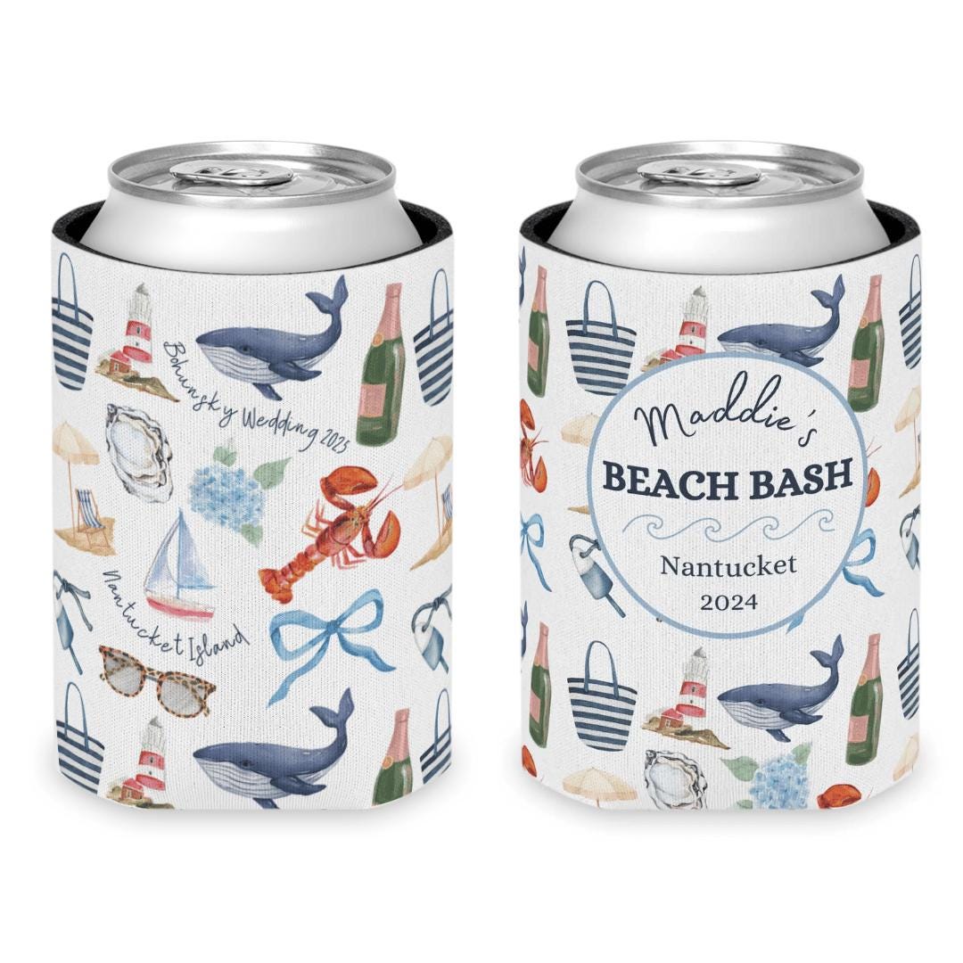 Custom Coastal Coquette Can Cooler; Preppy New England, Nantucket, Cape ...
