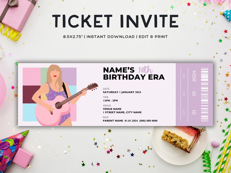 Editable Birthday Ticket Invitation T Swift Eras Birthday Party Canva ...