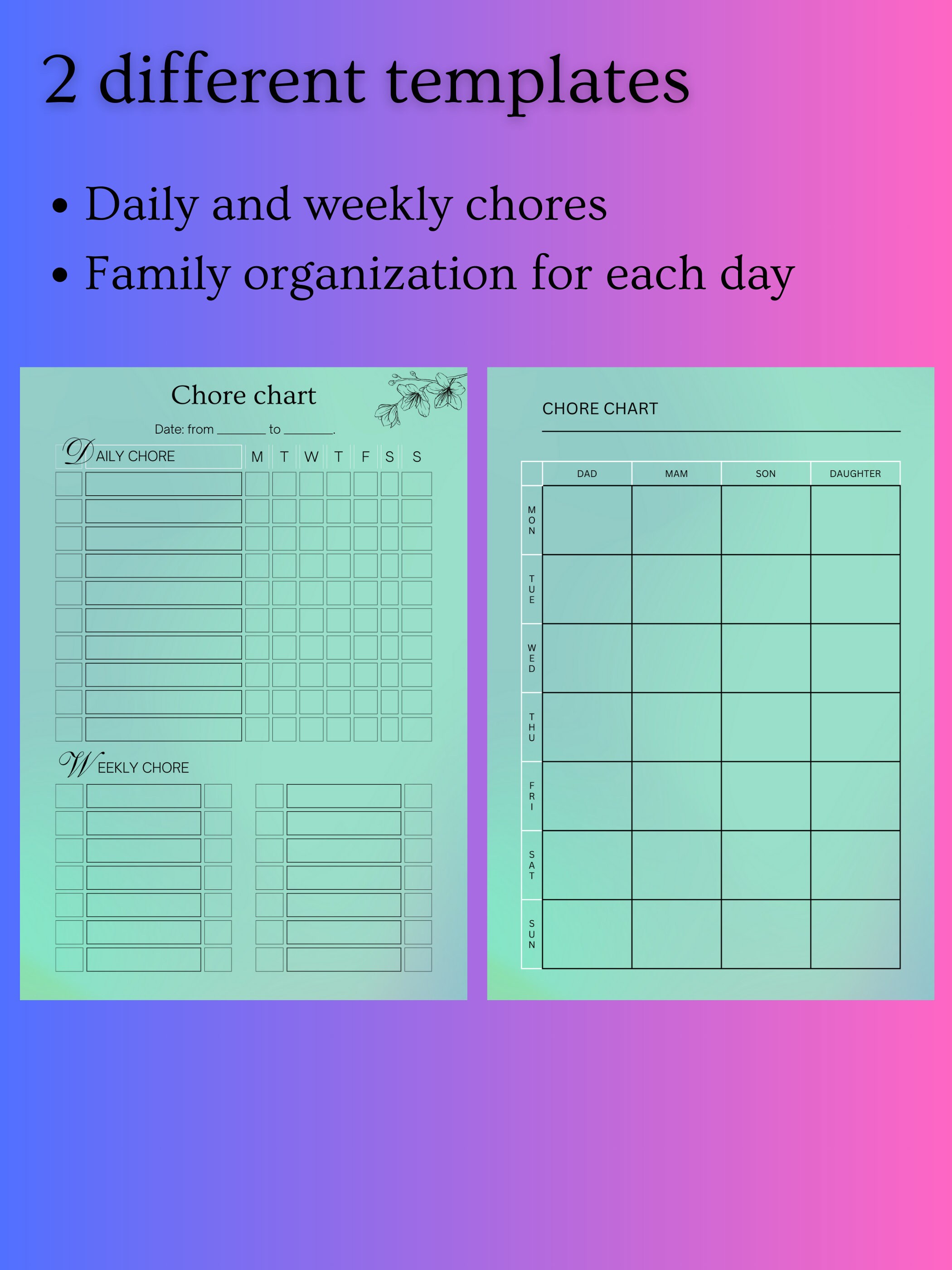 Printable Chore Chart Daily & Weekly Family Organizer, Colorful Chore ...