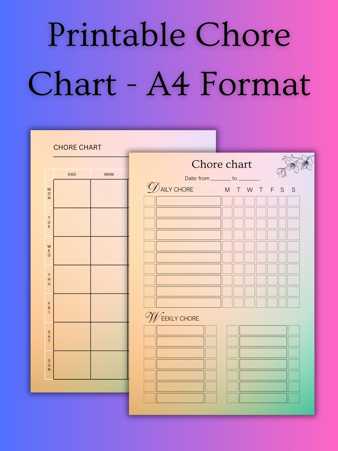Printable Chore Chart Daily & Weekly Family Organizer, Colorful Chore ...