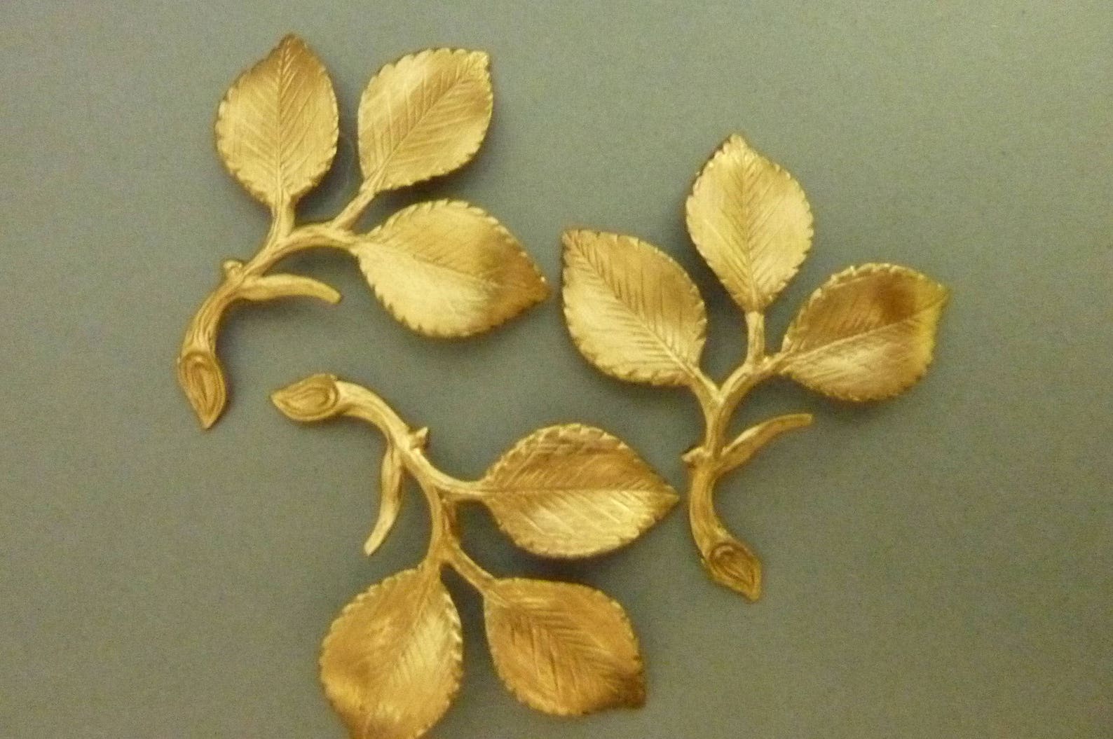 2 Brass Rose Three Leaf Branch Findings - Etsy