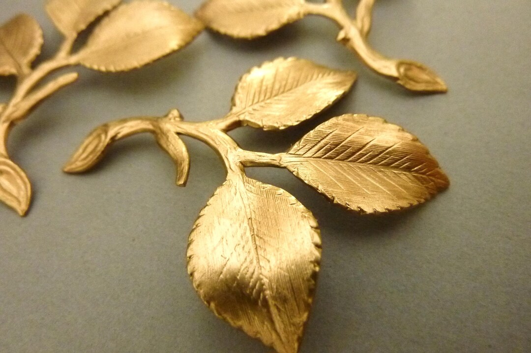 2 Brass Rose Three Leaf Branch Findings - Etsy