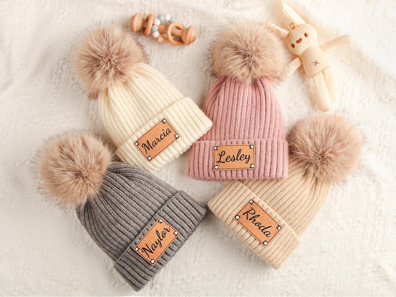Personalized Pom Beanie: Custom Knitted Name Patch Winter Hat - Etsy Canada