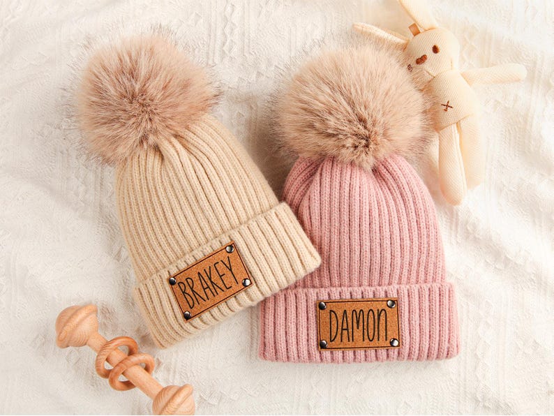 Personalized Pom Beanie: Custom Knitted Name Patch Winter Hat - Etsy Canada