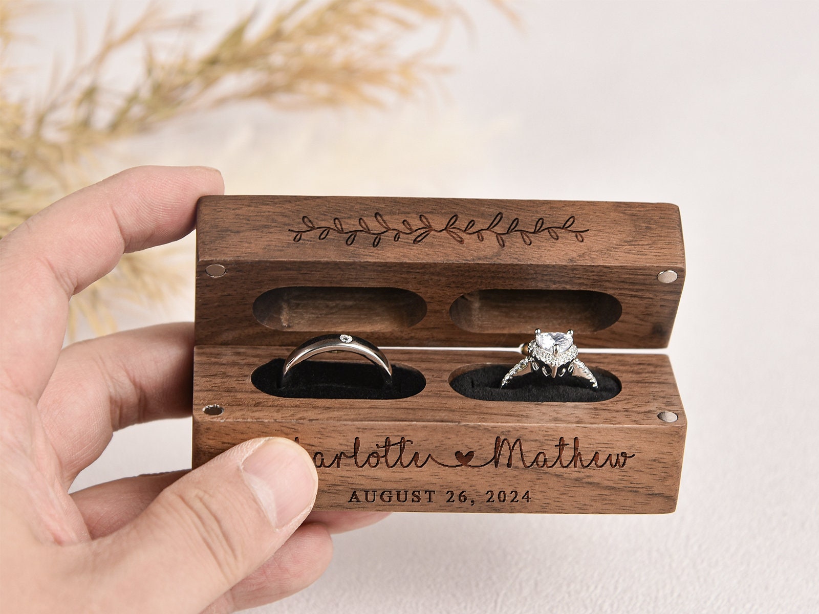 Slim Wedding Ring Box, Unique Proposal Engagement Gift for Her, Engraved Ring Holder ...