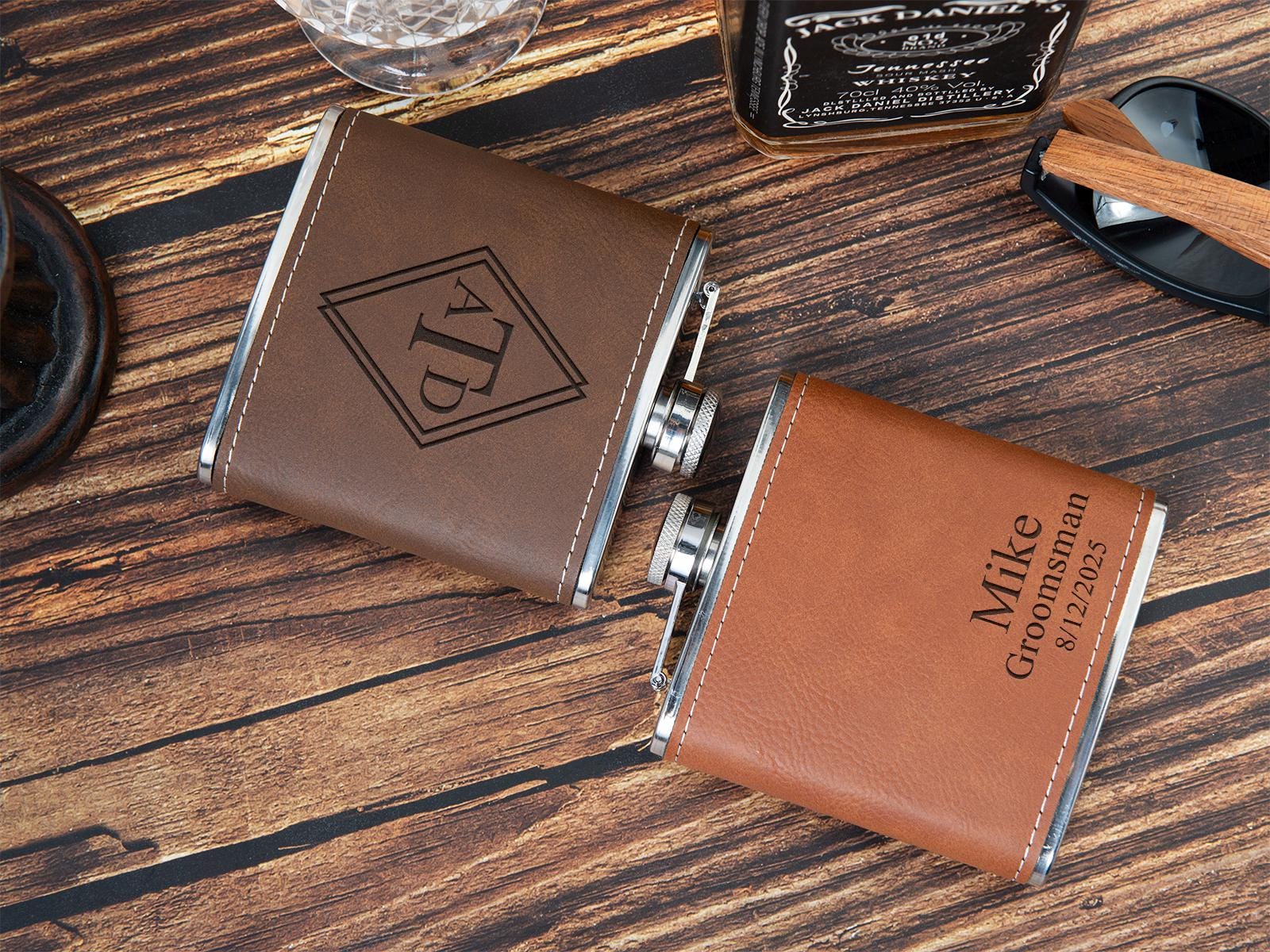 Engraved Leather Flask for Men: Stainless Steel Personalized Hip Flask ...