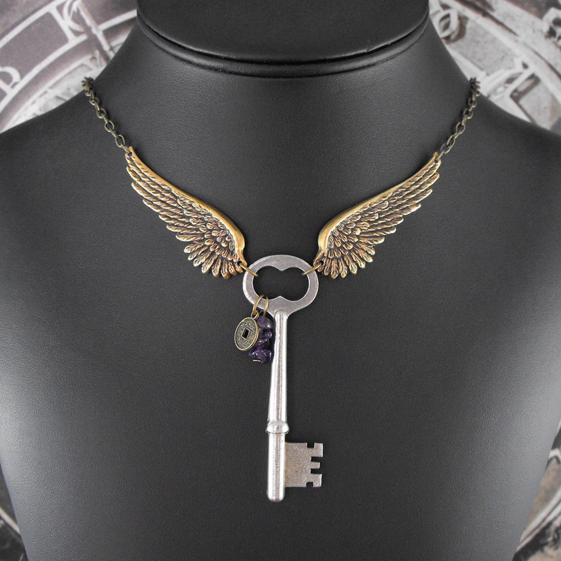 Winged Skeleton Key Amethyst Necklace Guardian Angel of the - Etsy