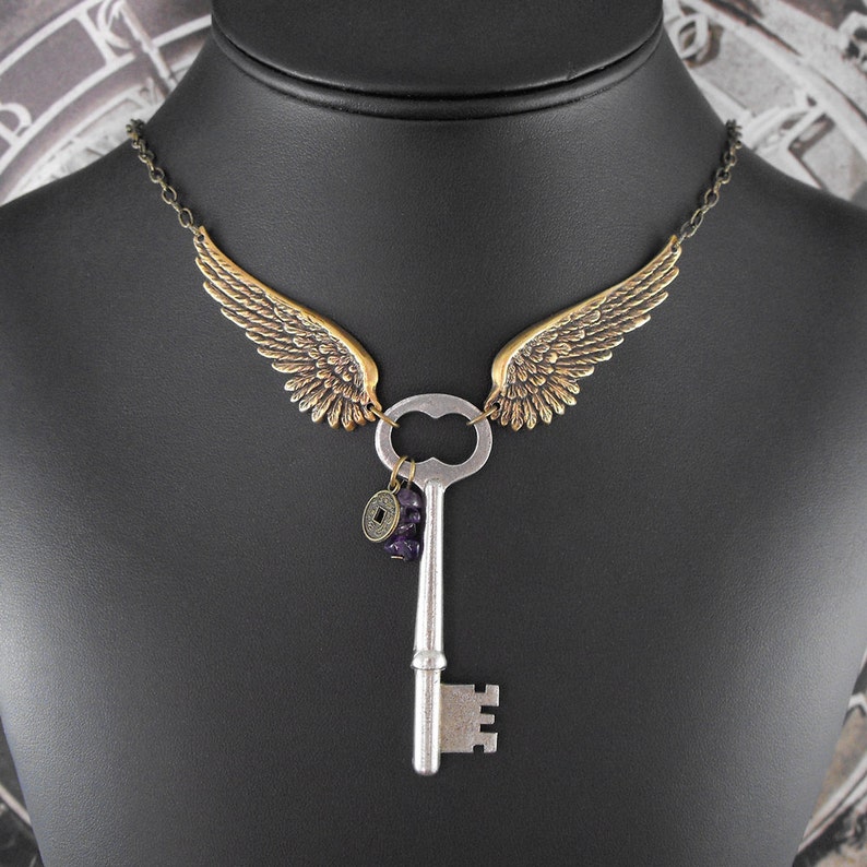 Winged Skeleton Key Amethyst Necklace Guardian Angel of the - Etsy