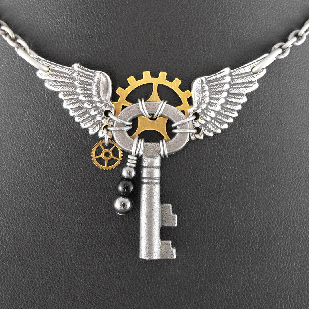 Steampunk Winged Angel Key Necklace - Tiny Guardian Angel of the ...
