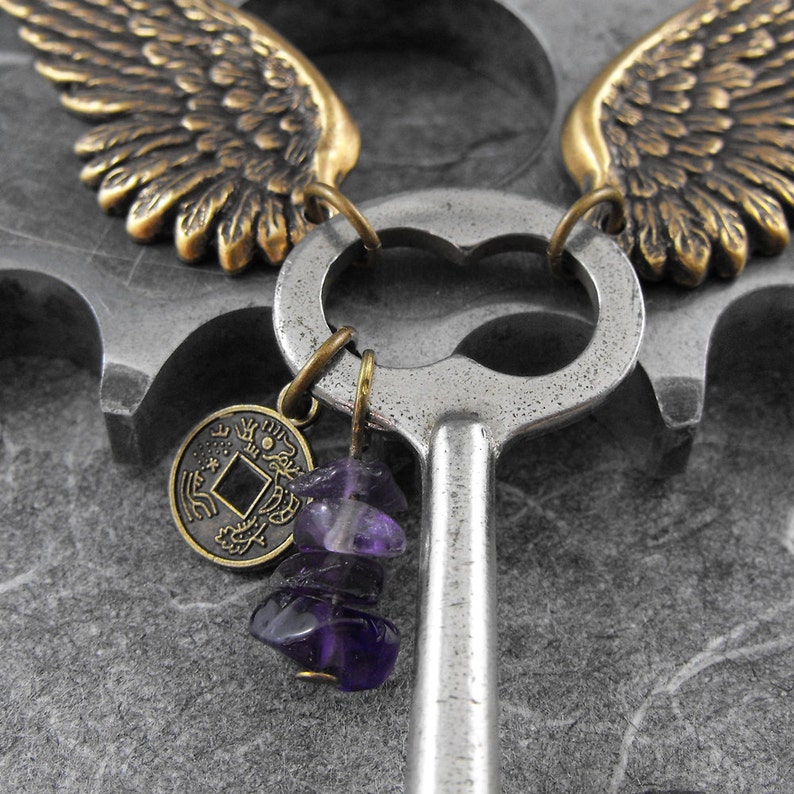 Winged Skeleton Key Amethyst Necklace Guardian Angel of the - Etsy