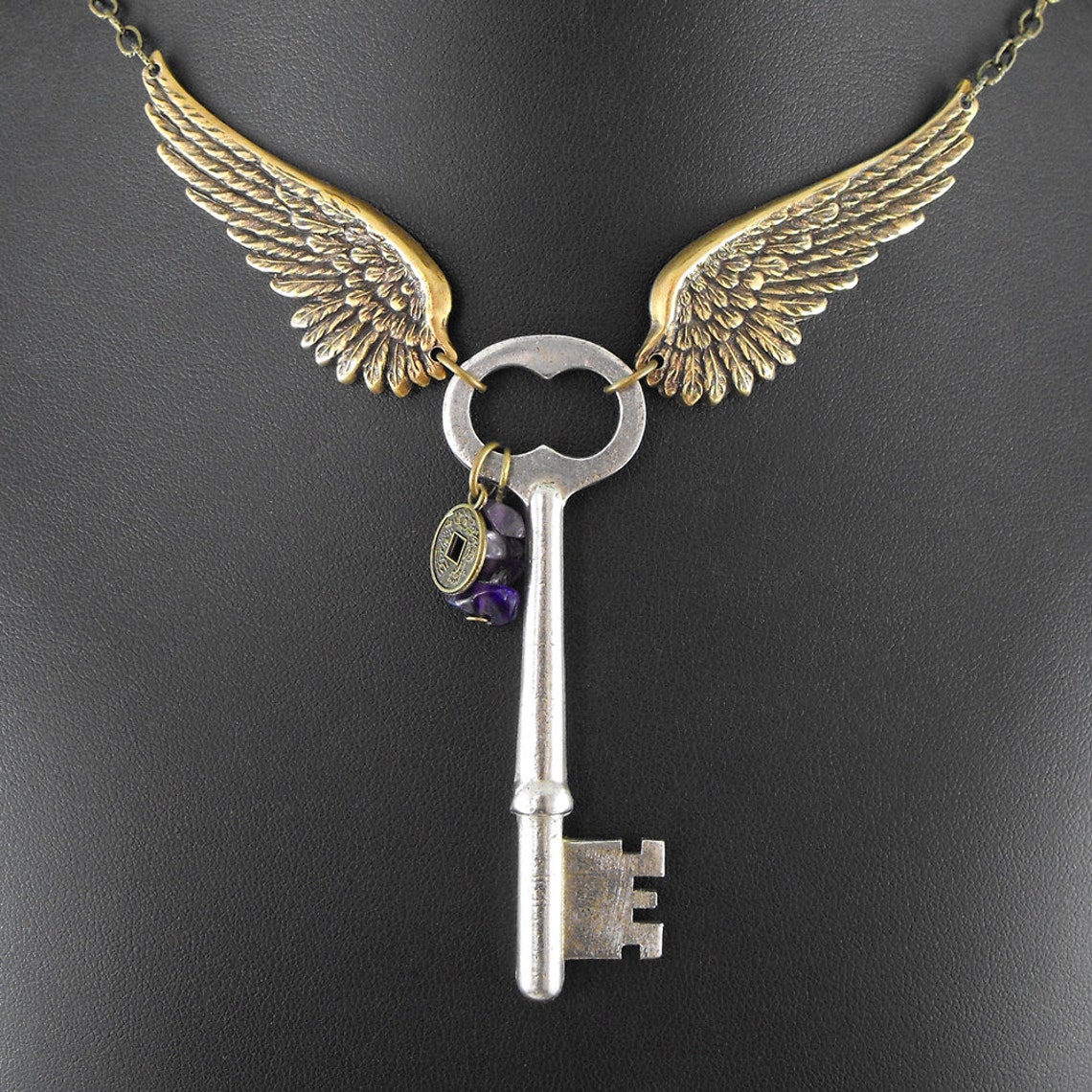 Winged Skeleton Key Amethyst Necklace Guardian Angel of the - Etsy