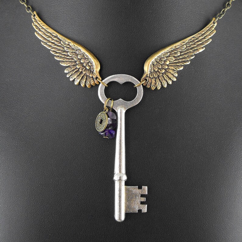 Winged Skeleton Key Amethyst Necklace Guardian Angel of the - Etsy
