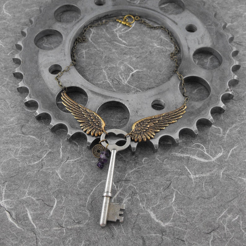 Winged Skeleton Key Amethyst Necklace Guardian Angel of the - Etsy