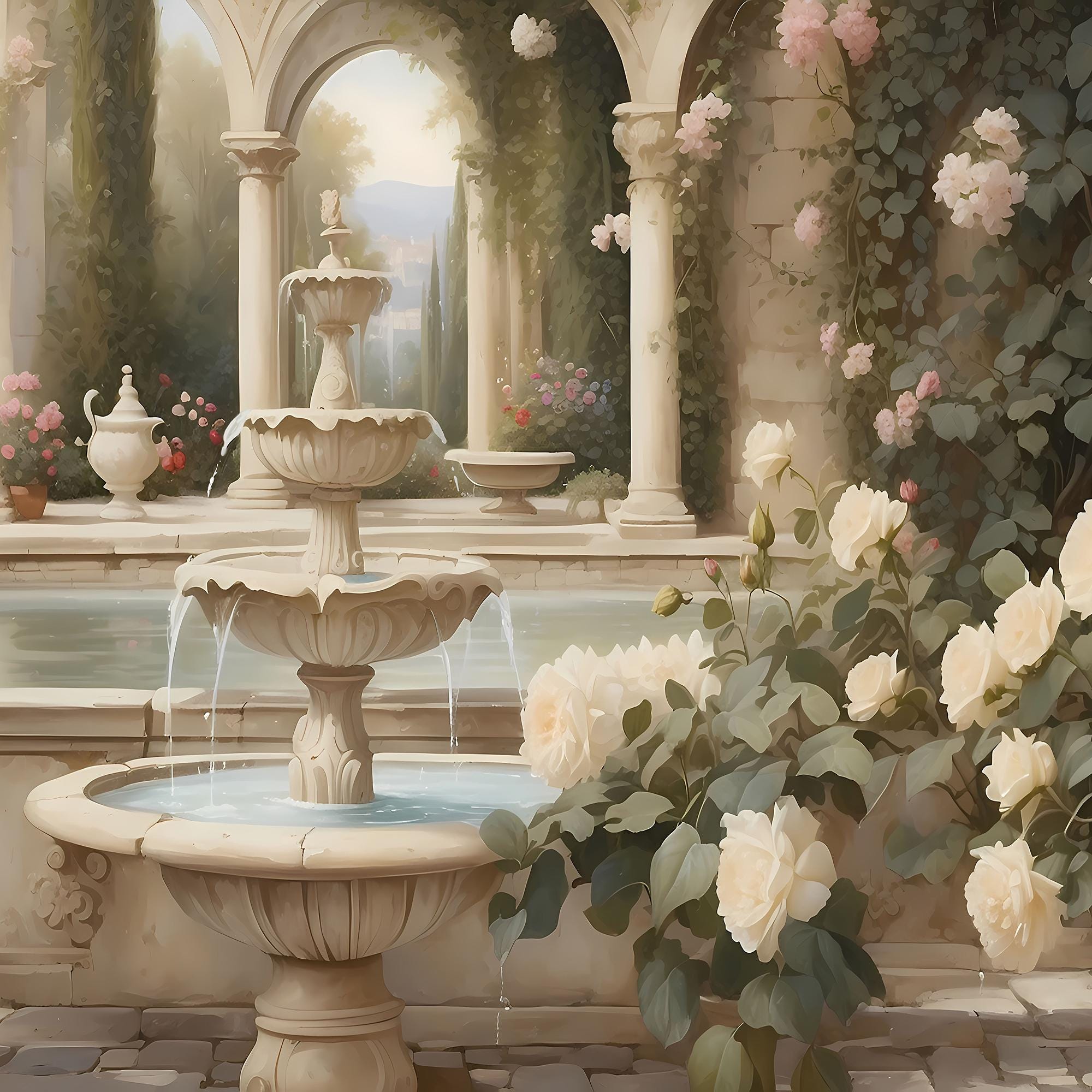 French Garden Water Fountain Printable Wall Art Digital Print Digital ...