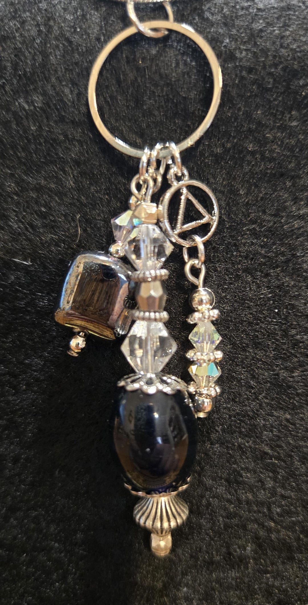 Handcrafted Charmed Necklace-black With Hematite Square, Small Silver ...