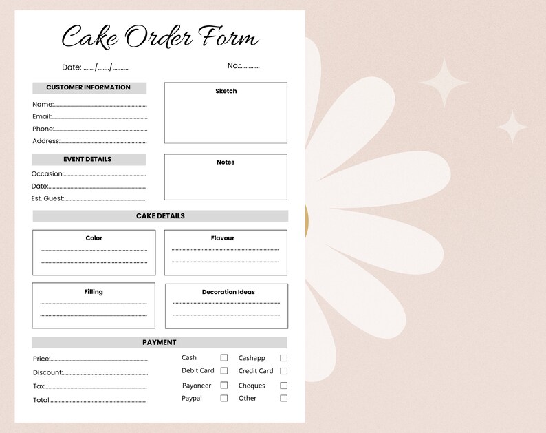 Cake Order Form CANVA Editable Template, DIY Cake Business Invoice ...