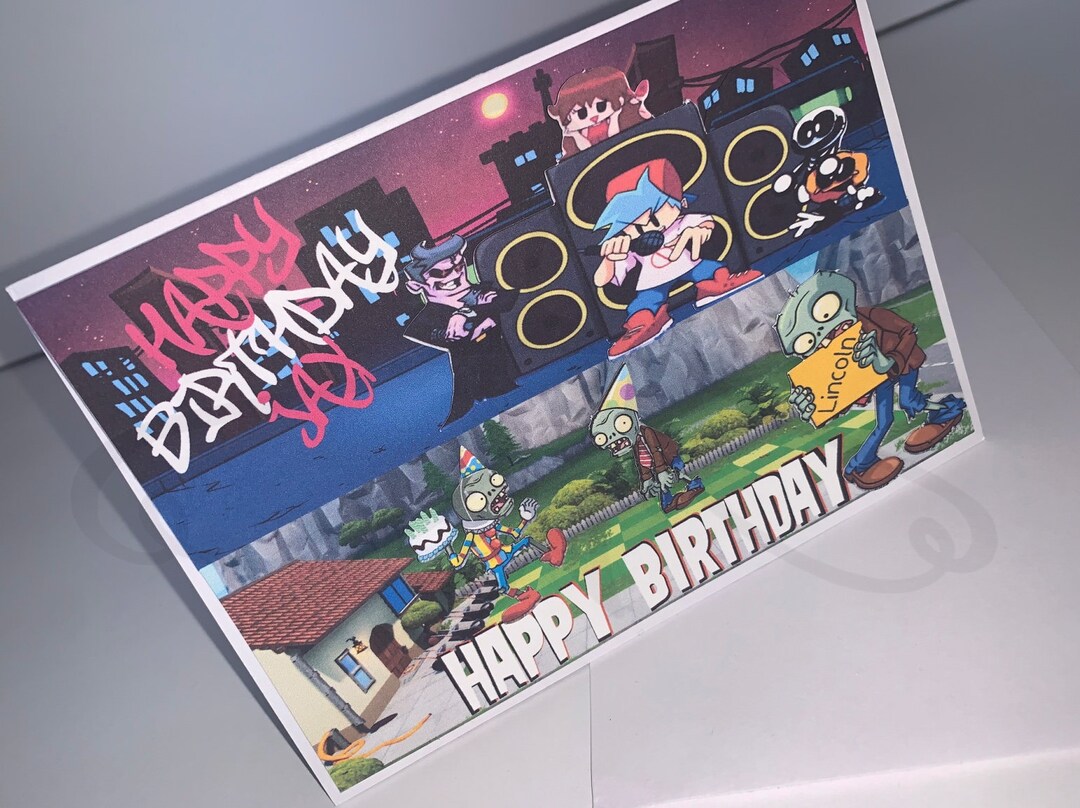 Plants Vs Zombies & Friday Night Funkin Themed Birthday Card- Double ...