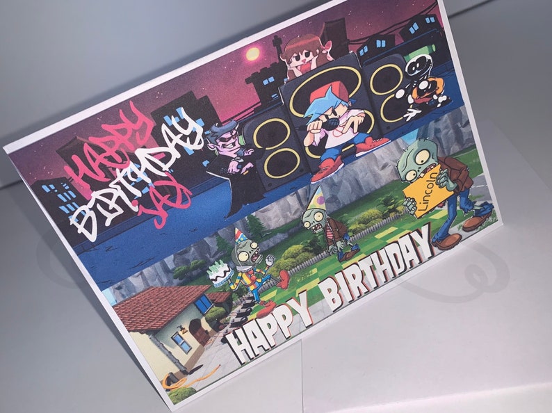 Plants Vs Zombies & Friday Night Funkin Themed Birthday Card- Double ...