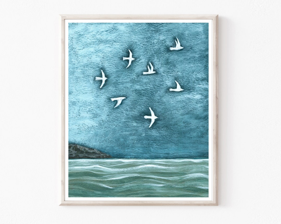 Coastal Sea Birds Art Print: Aqua Turquoise Ocean Painting - Etsy