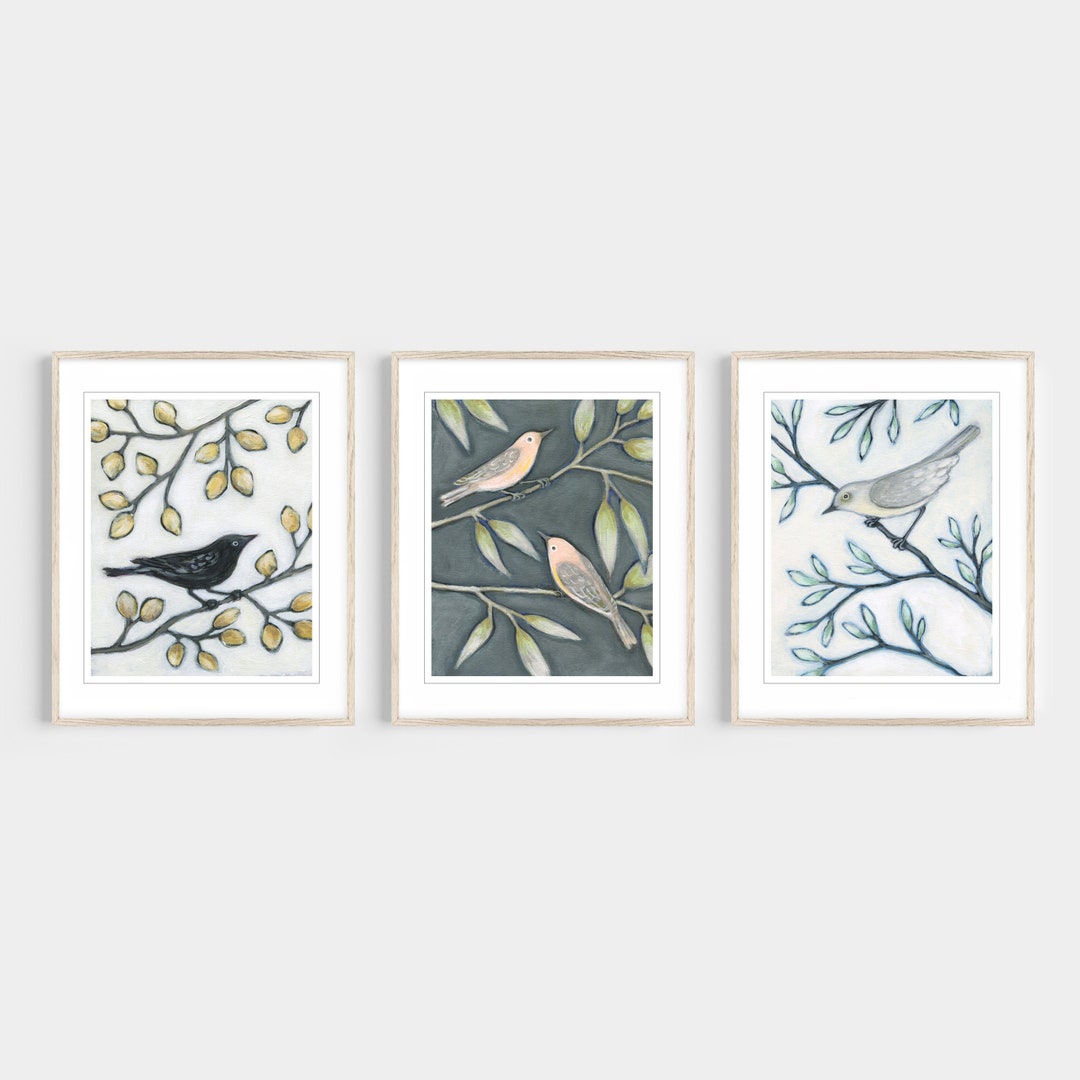 Bird Art Prints Set of 3 Prints, Birds in Branches, Art Prints, Bird ...