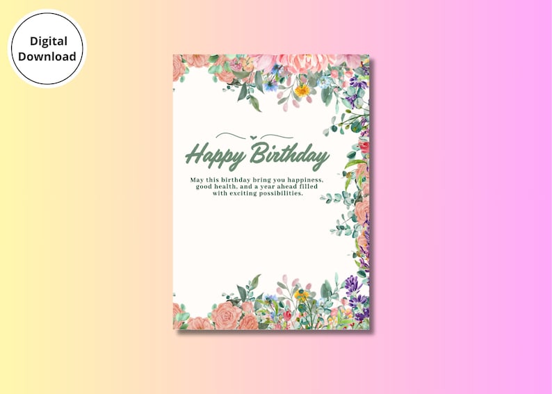 Happy Birthday Flower Card DIGITAL Download Printable Birthday Card ...