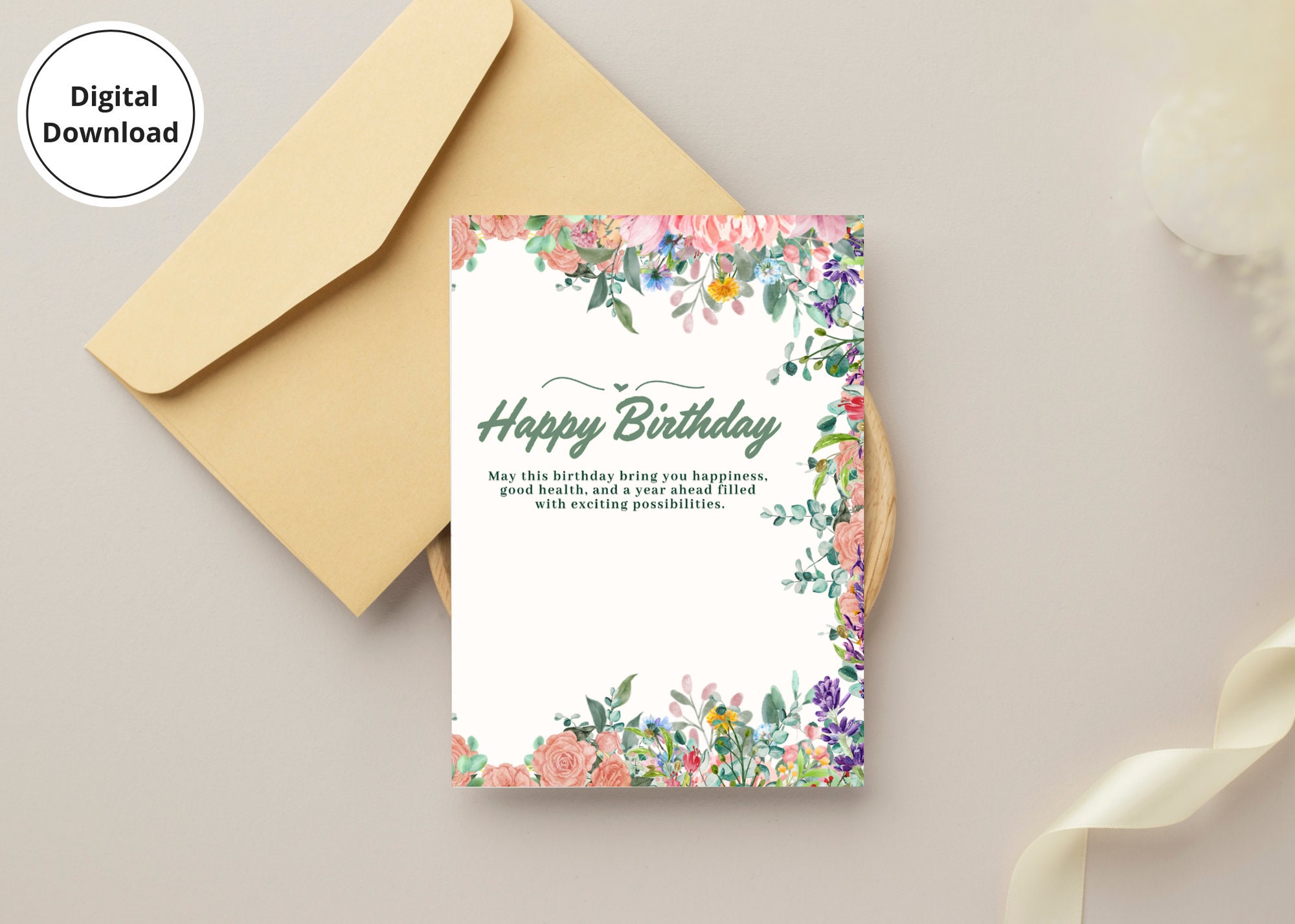 Happy Birthday Flower Card DIGITAL Download Printable Birthday Card ...