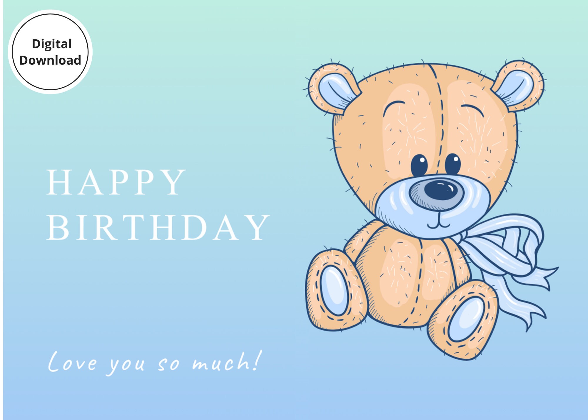 Happy Birthday Card DIGITAL Download Printable Cute Bear Birthday Card ...