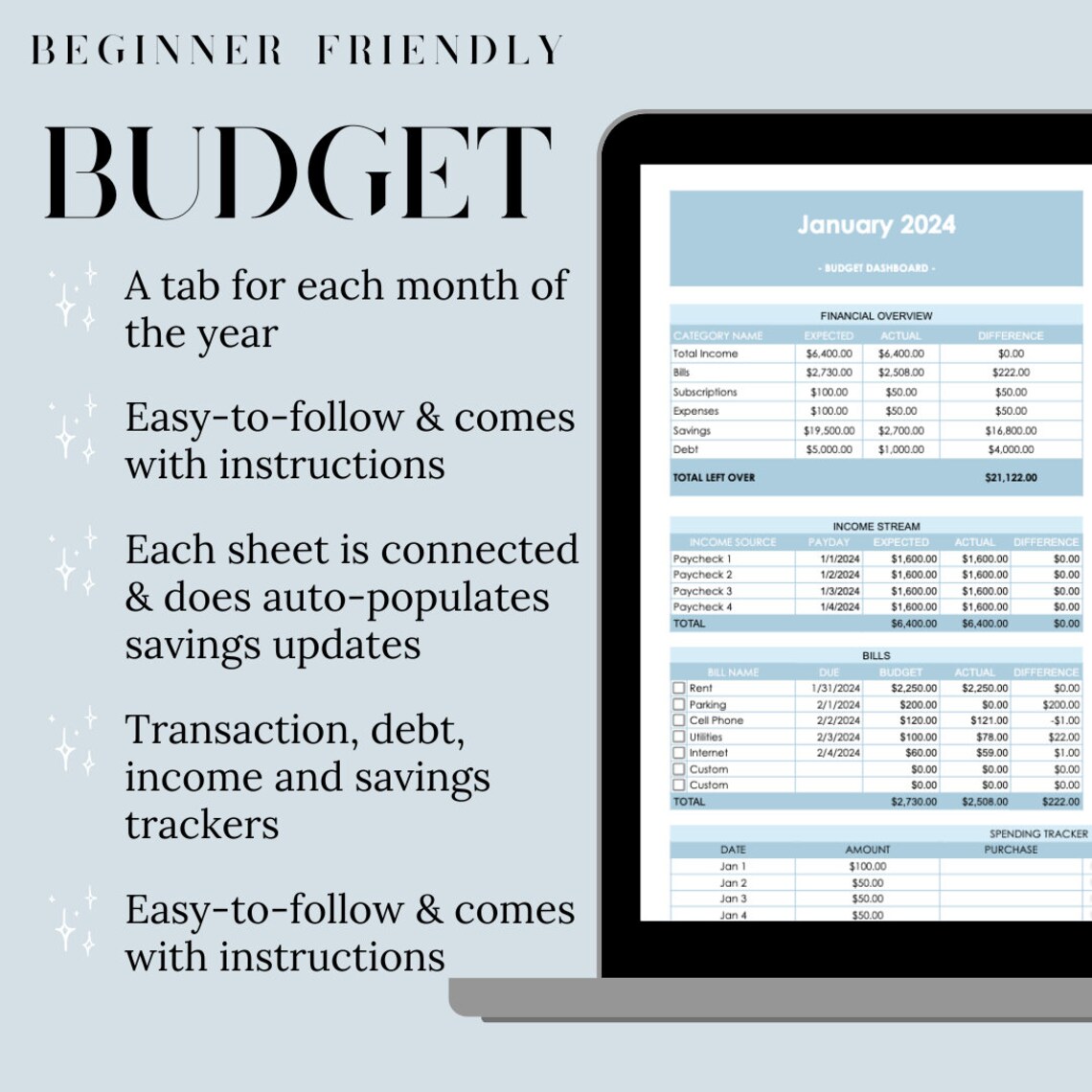 Monthly Budget Spreadsheet, Google Sheets, Personal Finance Tracker ...