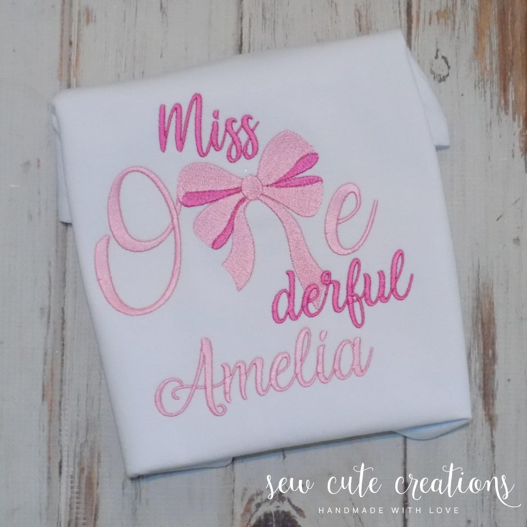 Miss One Derful Pink Bow 1st Birthday Shirt, Custom Embroidered Tee - Etsy