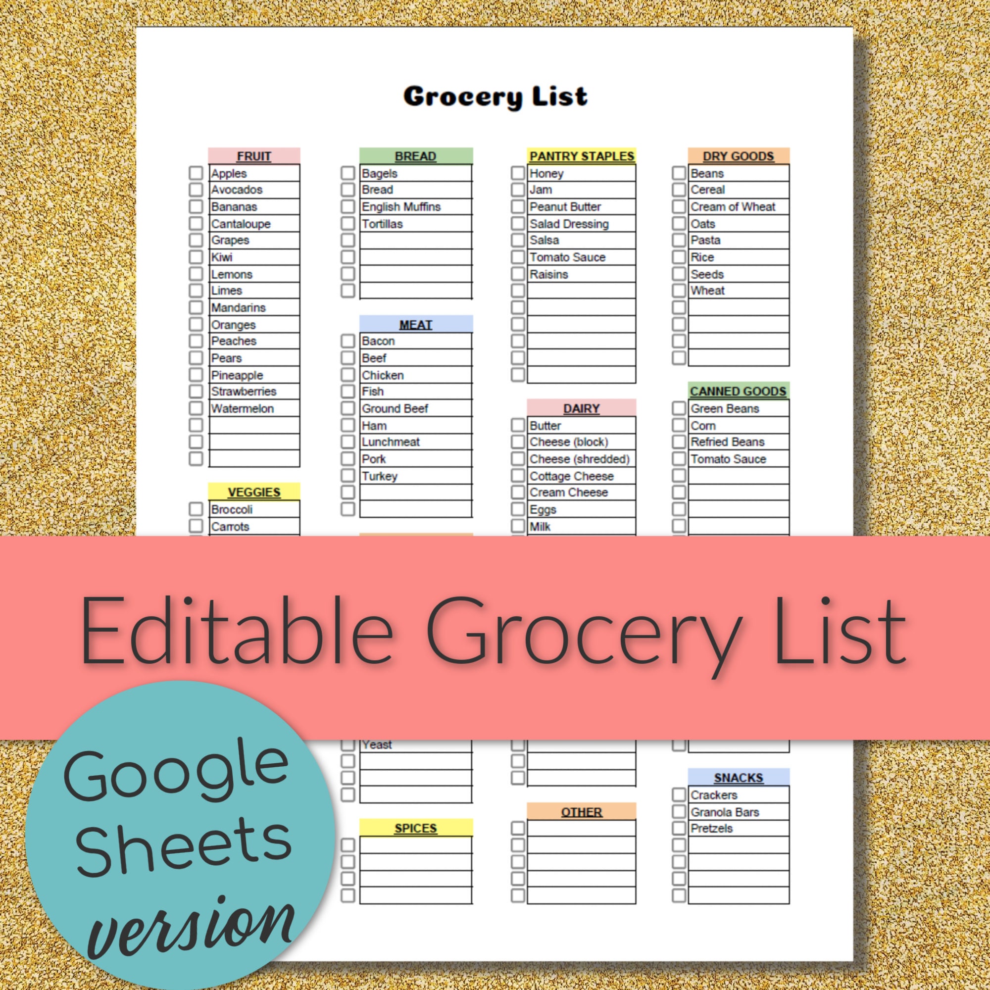 Editable Printable Grocery Shopping List-- GOOGLE SHEETS VERSION ...