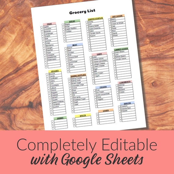 Editable Printable Grocery Shopping List GOOGLE SHEETS | Etsy