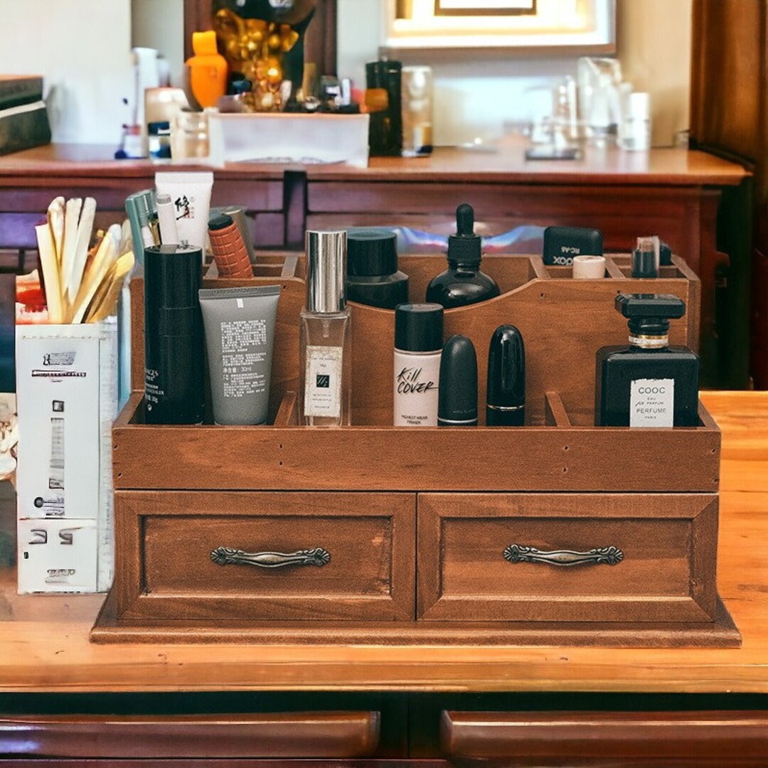 Wooden Makeup Organizer Multi 2 Drawer Divided Makeup Cosmetic Lipstick ...