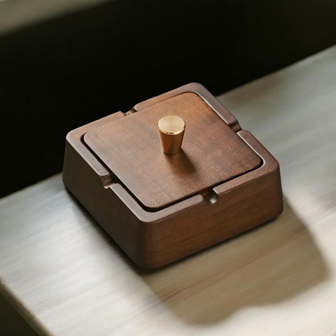 Solid Wood Ashtray With Lid Stainless Steel Liner Modern Home & Office ...