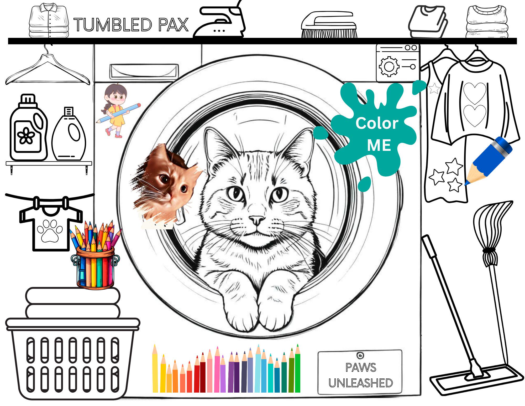 Funny Cat Coloring Page: Cute Laundry Room Printable, Cat Lover ...
