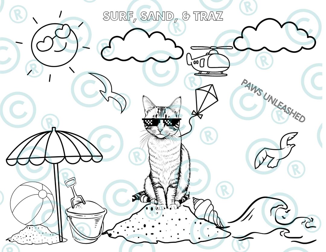 Traz’s Beach Day Coloring Page L Cool Cat Summer Fun Printable for Kids ...