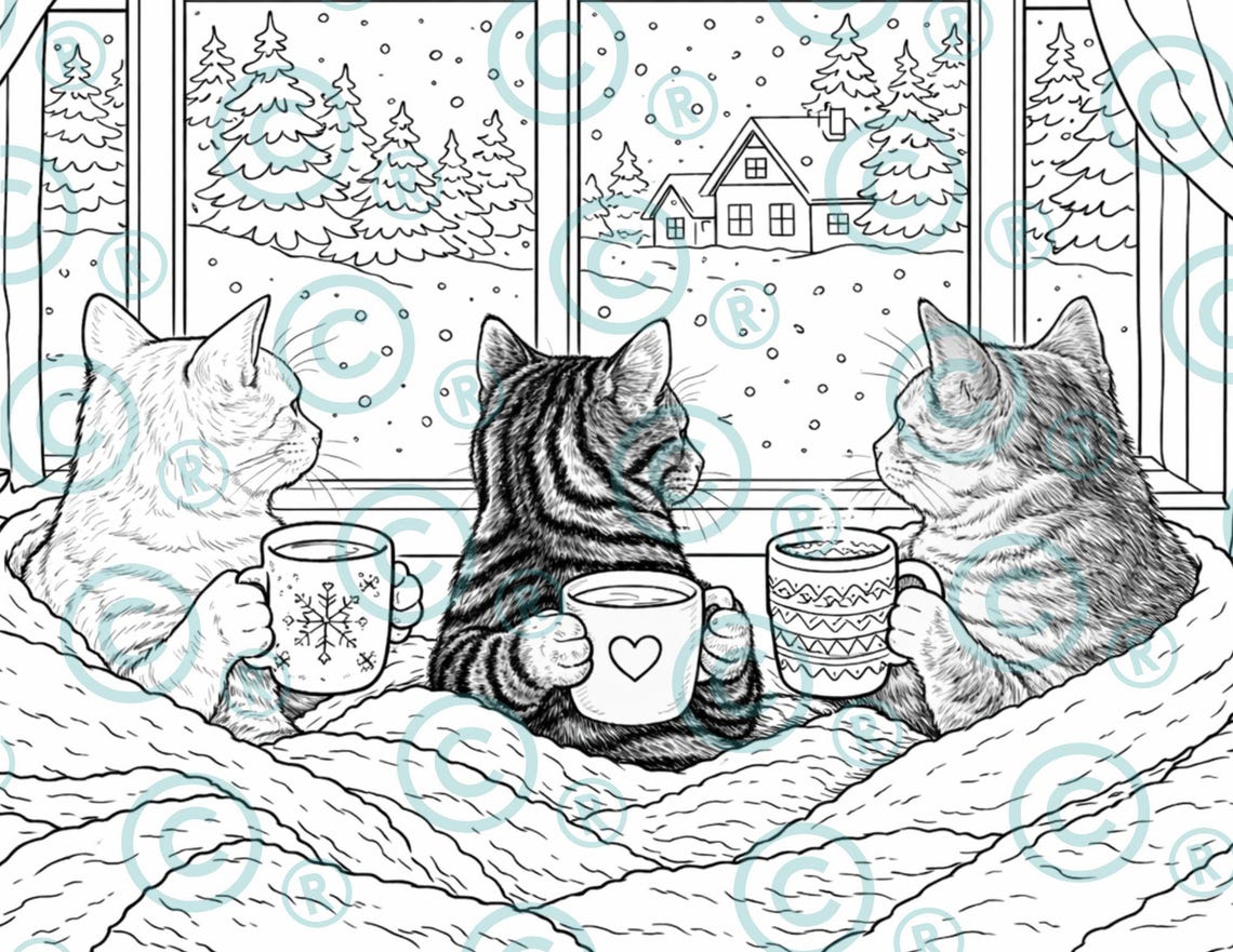 Winter Kittens Coloring Page, Cozy Cocoa Scene (PDF Downloadable Sheet ...