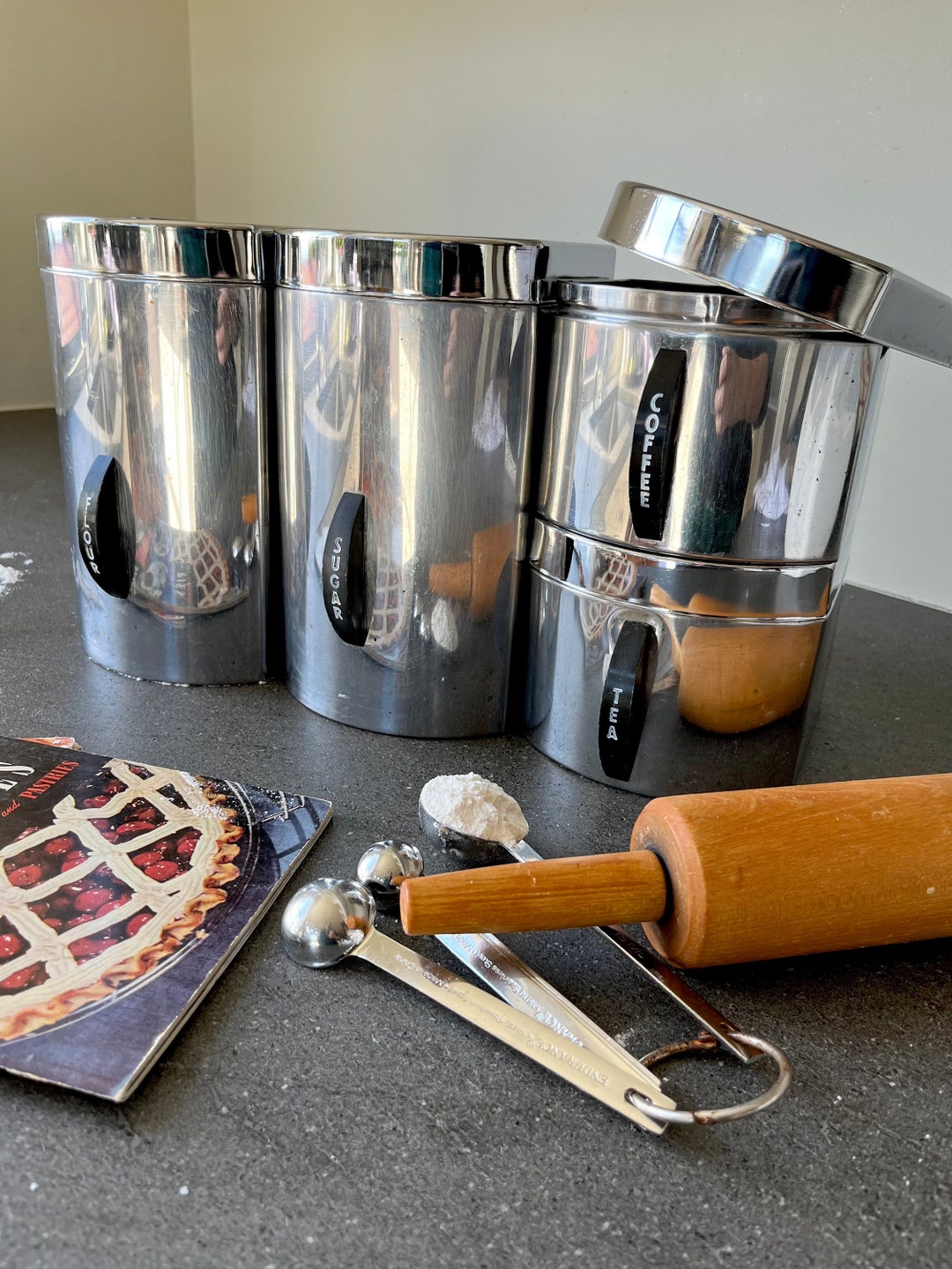 Kromex Kitchen Canister Set. 4 Stacking Canisters Flour, Sugar, Tea ...