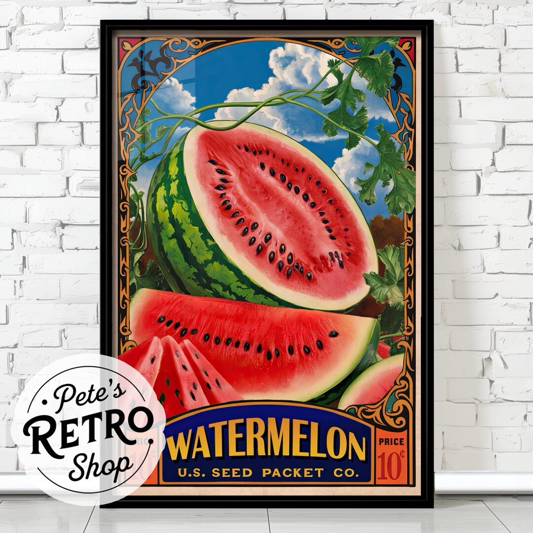 Watermelon Seed Packet Poster or Framed Canvas Art. Vintage Kitchen ...