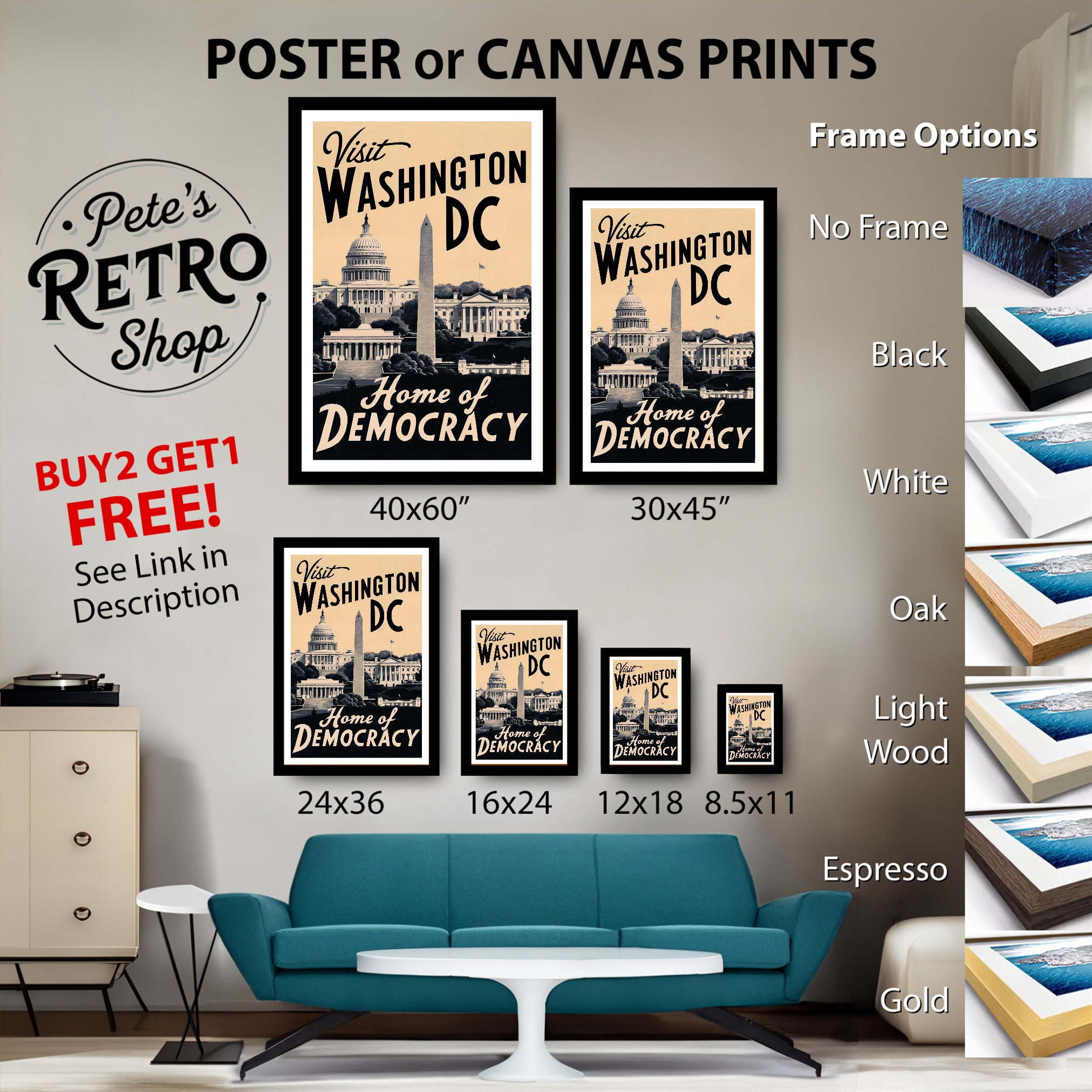 Washington DC Retro Travel Poster or Canvas Print. Vintage American ...