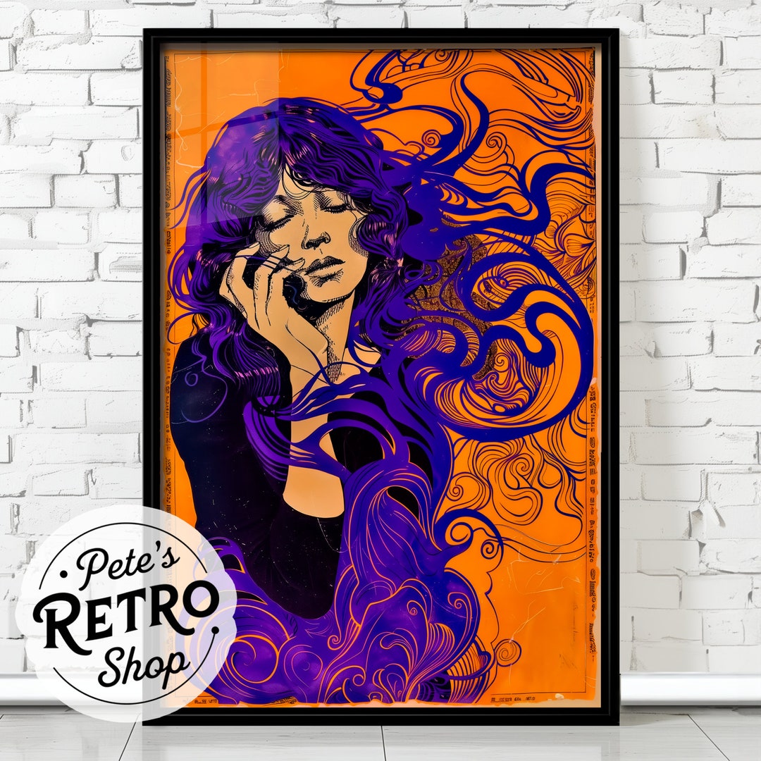 Vintage Trippy Woman Psychedelic Poster Wall Art. Retro Long Hair Lady ...