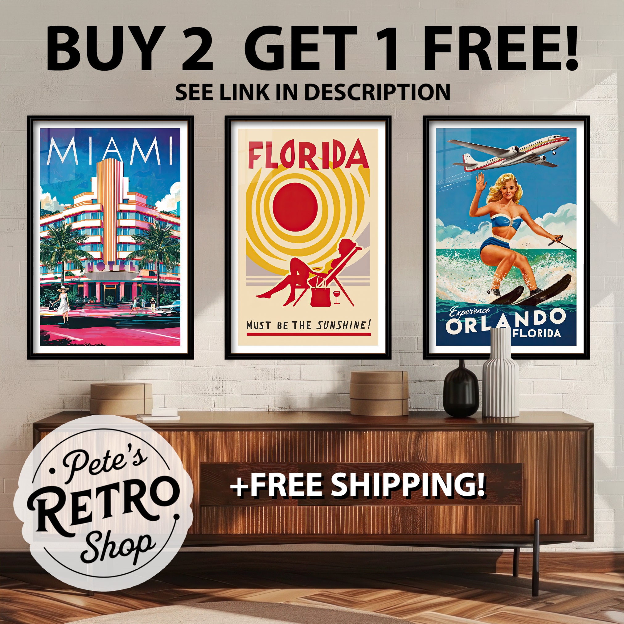 Florida Retro Travel Poster or Canvas Print. Vintage Summer Sun ...