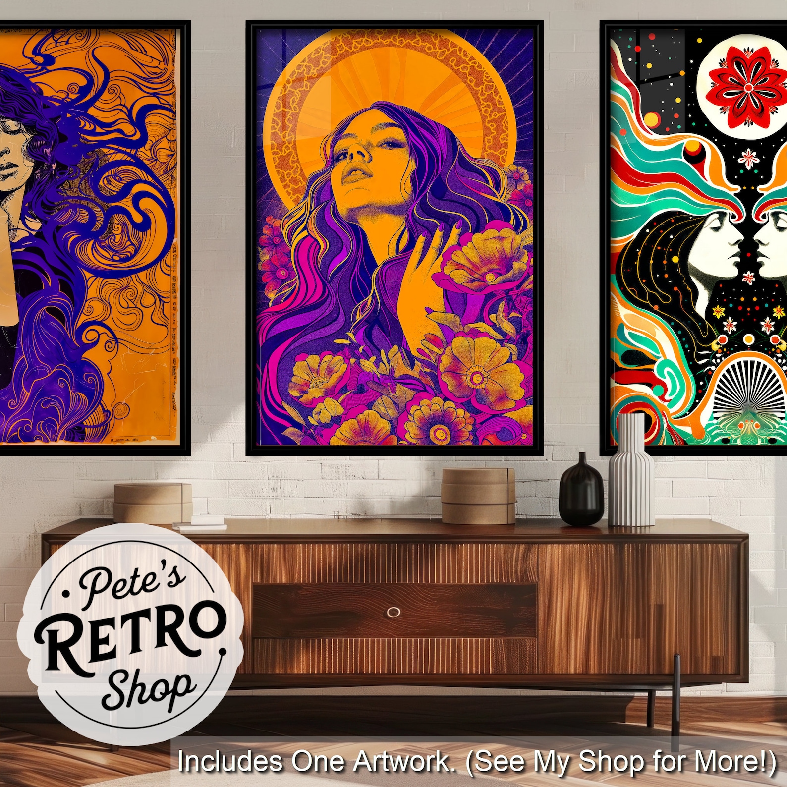 Psychedelic Hippy Girl Poster or Canvas. Vibrant Colorful 1960s Trippy ...