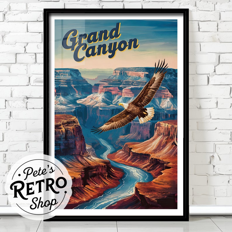 Grand Canyon Retro Travel Poster or Framed Canvas Print. Vintage Bald ...