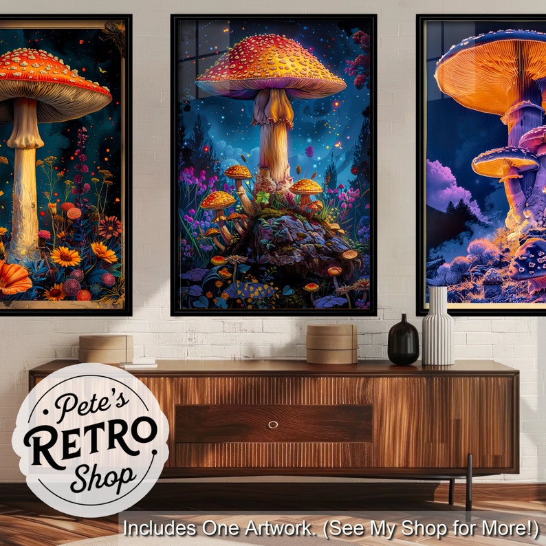 Mushroom Enchanted Forest Poster. Colorful Fantasy Psychedelic Art. Trippy 1960s Painting Canvas ...