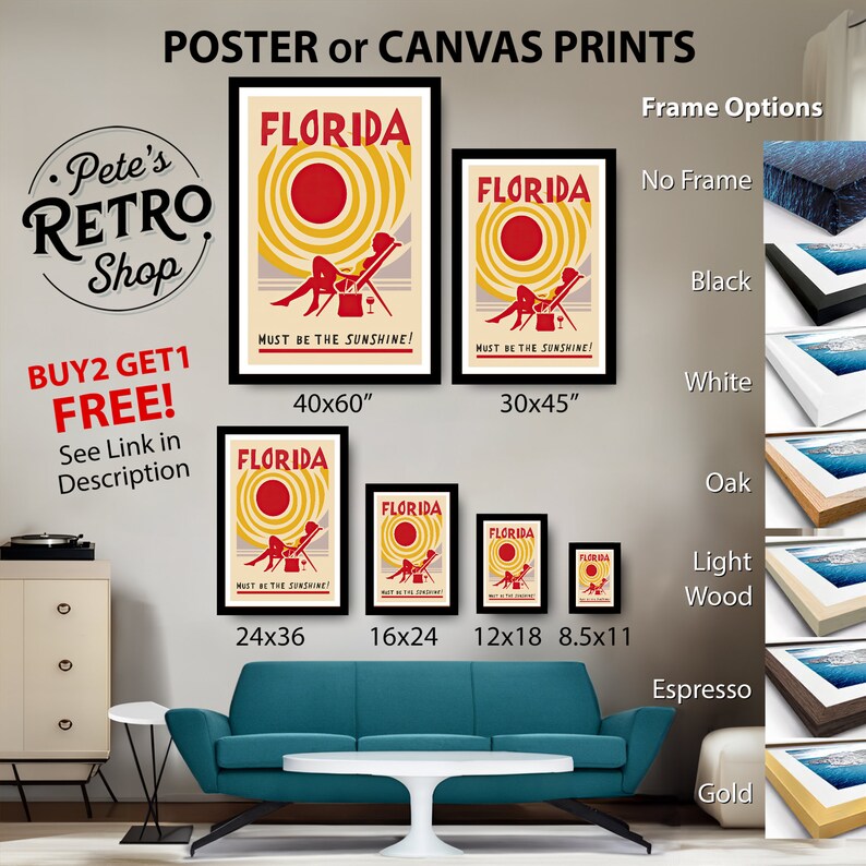 Florida Retro Travel Poster or Canvas Print. Vintage Summer Sun ...