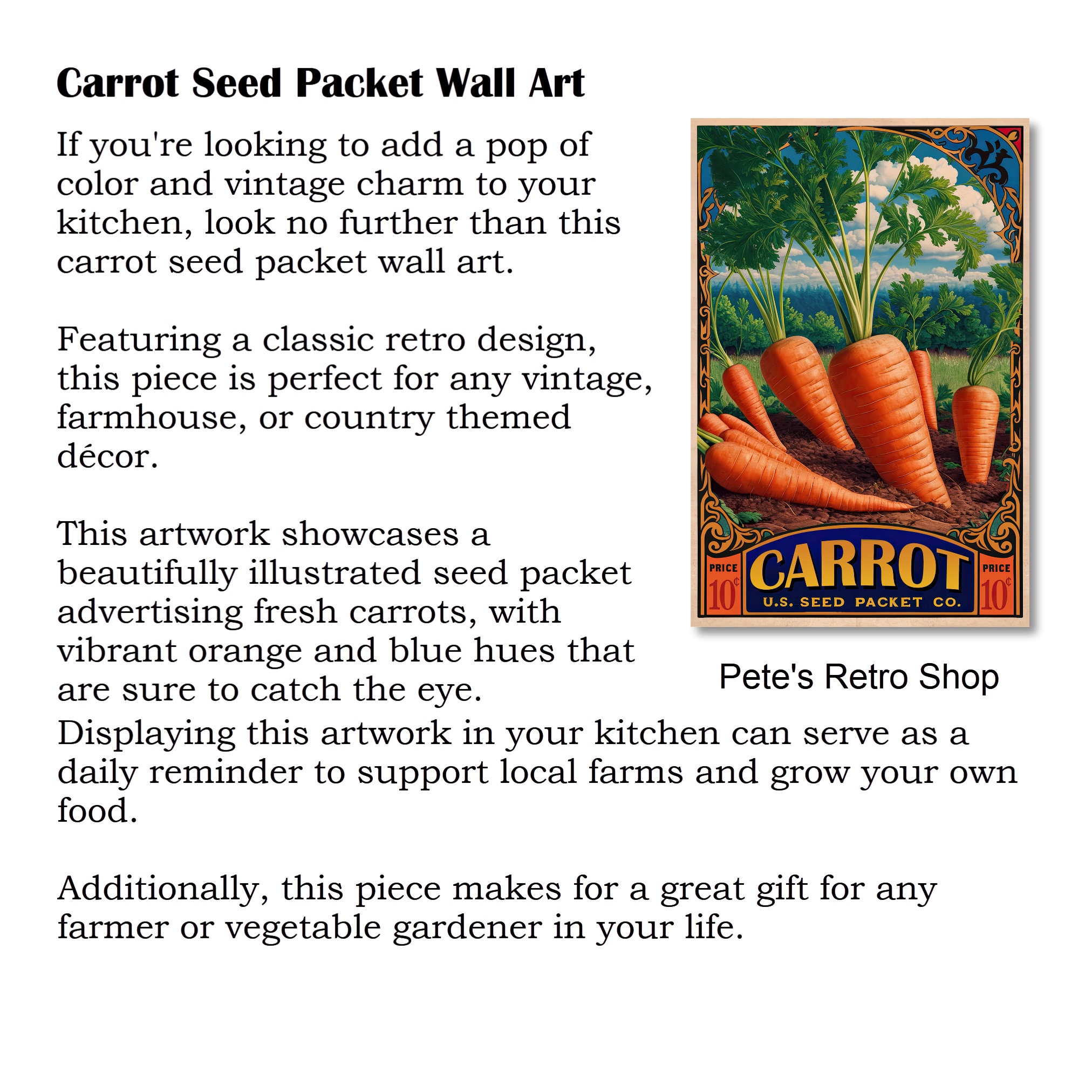 Carrot Seed Packet Kitchen Wall Art. Vintage Framed Retro Poster or ...