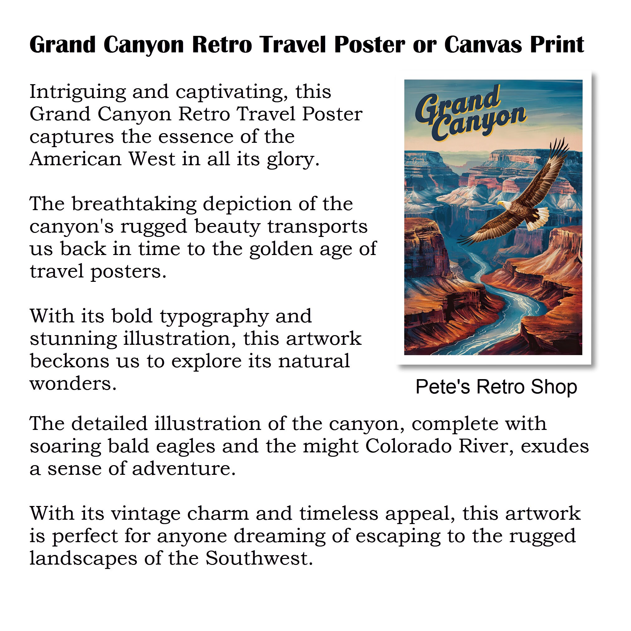 Grand Canyon Retro Travel Poster or Framed Canvas Print. Vintage Bald ...