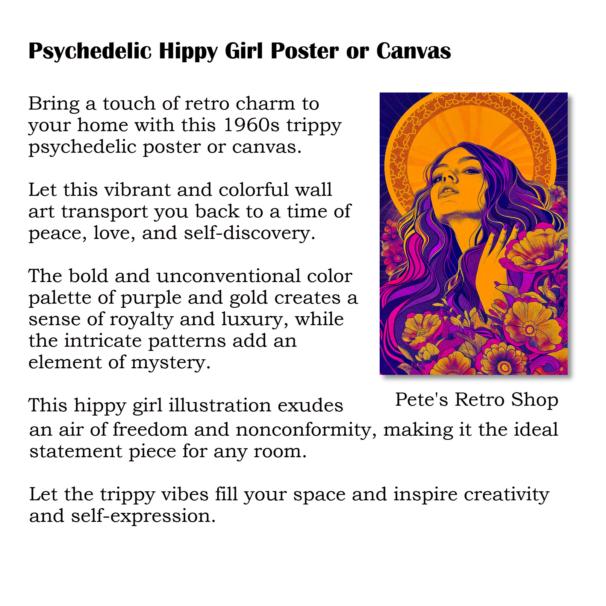Psychedelic Hippy Girl Poster or Canvas. Vibrant Colorful 1960s Trippy ...